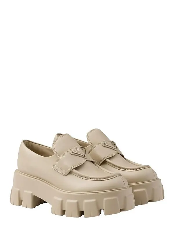 Prada Brushed Leather Monolith Loafers - Desert Beige