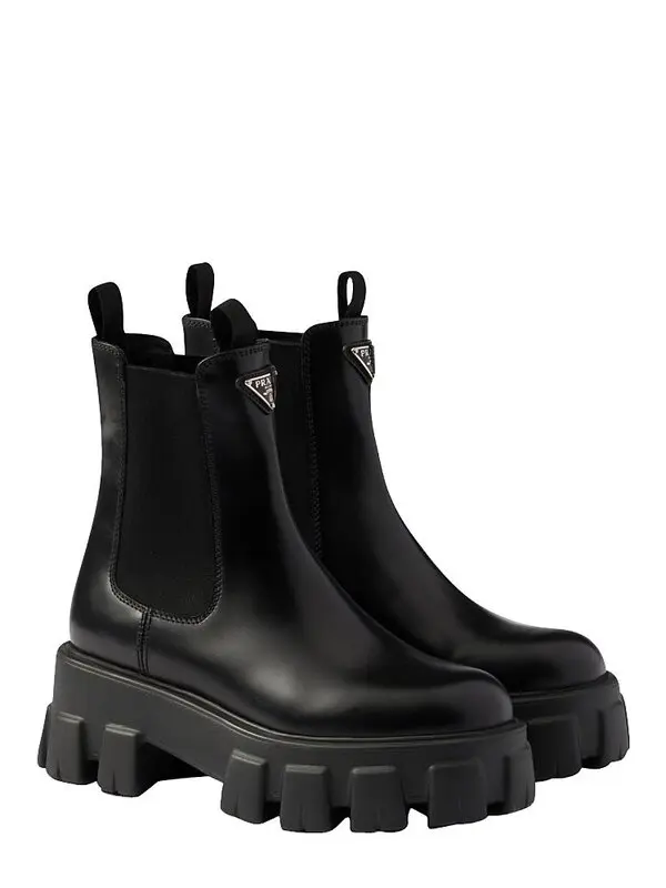 Prada Monolith Brushed Leather Chelsea Boots - Black