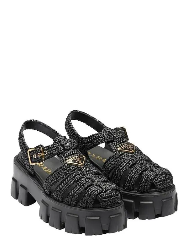 Prada Monolith Crochet Cage Sandals - Black