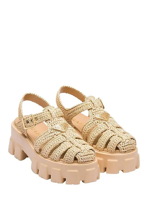 Prada Monolith Crochet Cage Sandals - Natural