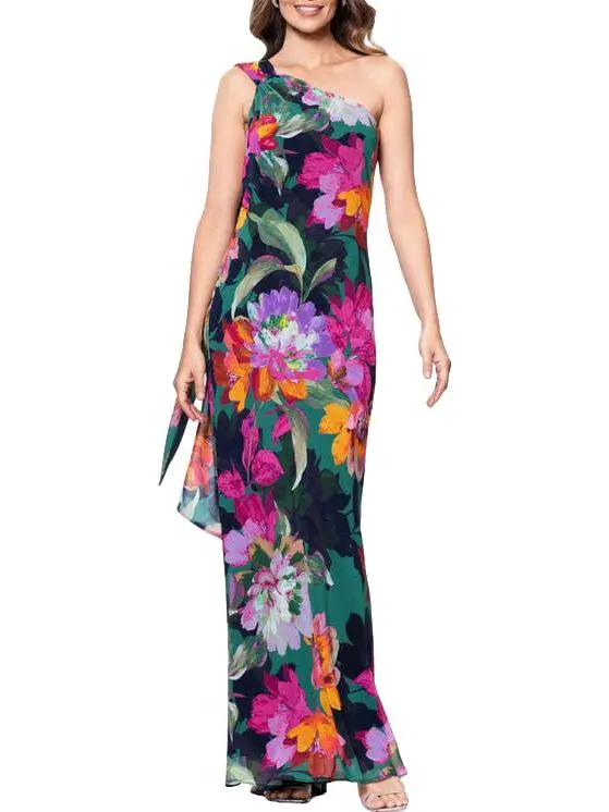 XSCAPE EVENINGS Floral One-shoulder Chiffon Gown - Green/ Multi