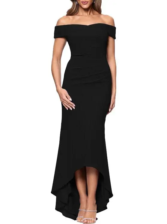 XSCAPE EVENINGS Off-the-shoulder High-low Scuba Crepe Gown - Black