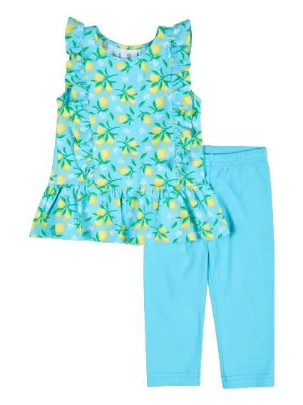 FLORENCE EISEMAN Lemon Print Top With Capri Leggings - Blue / Yellow