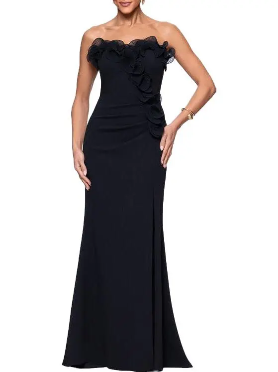 XSCAPE EVENINGS Ruffle Detail Strapless Scuba Crepe Sheath Gown - Black