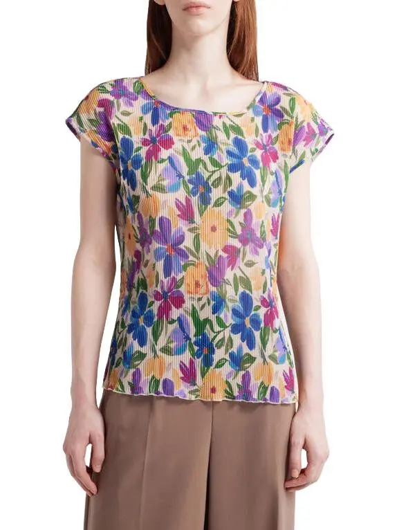 TAHARI ASL Floral Plissé Top - Sand Jungle