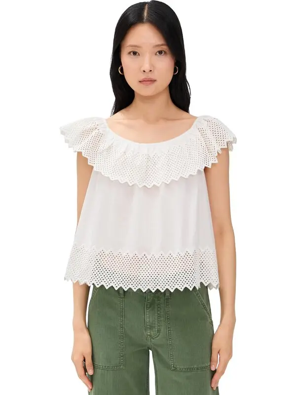 The Great. The Westport Honeycomb Eyelet Top - White