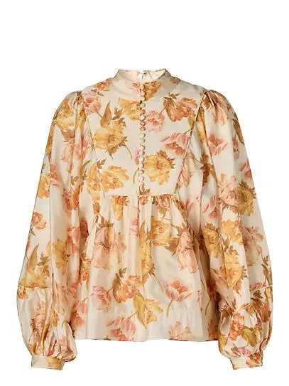 MALINA Pernilla Balloon-sleeve Satin Blouse - Cream Peony
