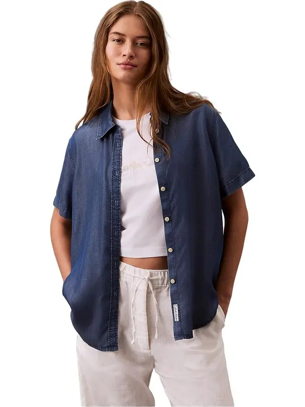 Calvin Klein Lyocell Button-down Short Sleeve Shirt - Blue Ocean