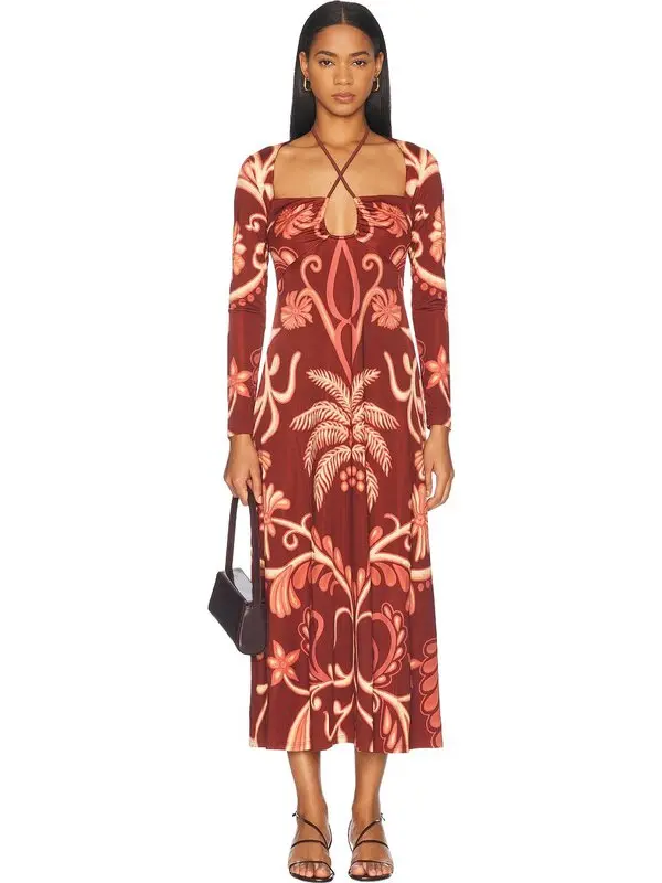 Johanna Ortiz Festive Performance Ankle Dress - Tropical Suit Of Lights  Wine  Marsala