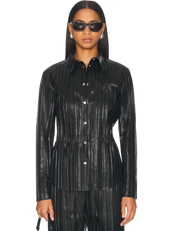 Helmut Lang Pleated Leather Button Up Top - Black