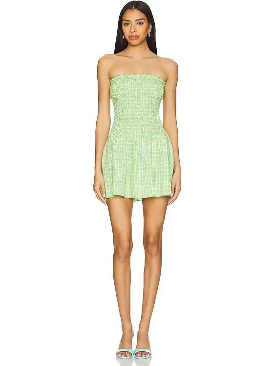 APRES STUDIO Strapless Ruched Mini Dress - Citrus Plaid