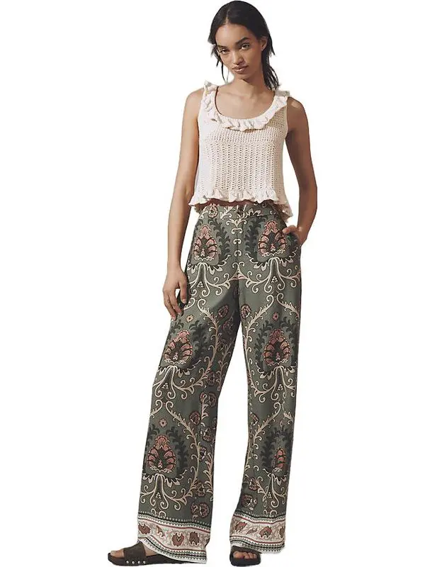 Sanctuary Printed Linen Blend Trouser Pants - Green Pattern