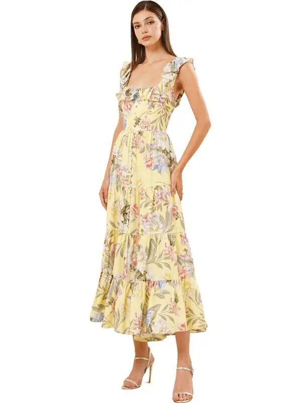 Yumi Kim Floral Print Tiered Midi Dress - Yellow