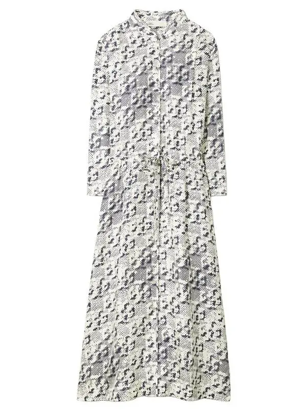 Tory Burch Silk Midi Dress - New Ivory Distressed Pixelated Logo