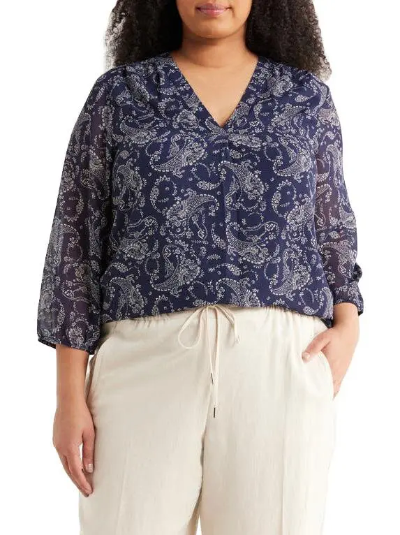 Jones New York Kelly Paisley Top - Pacific Navy/ Jones White
