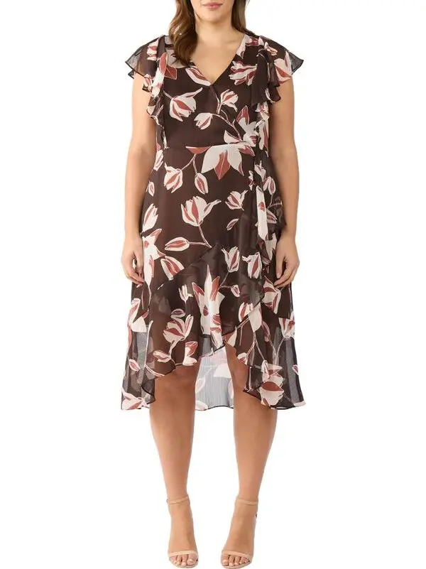 ESTELLE Azalea Petal Faux Wrap Dress - Brown Print