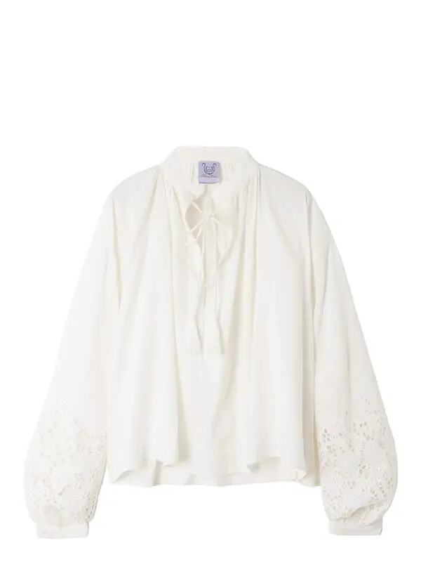 Thierry Colson Gathered Broderie Anglaise Linen And Cotton-blend Blouse - Neutrals