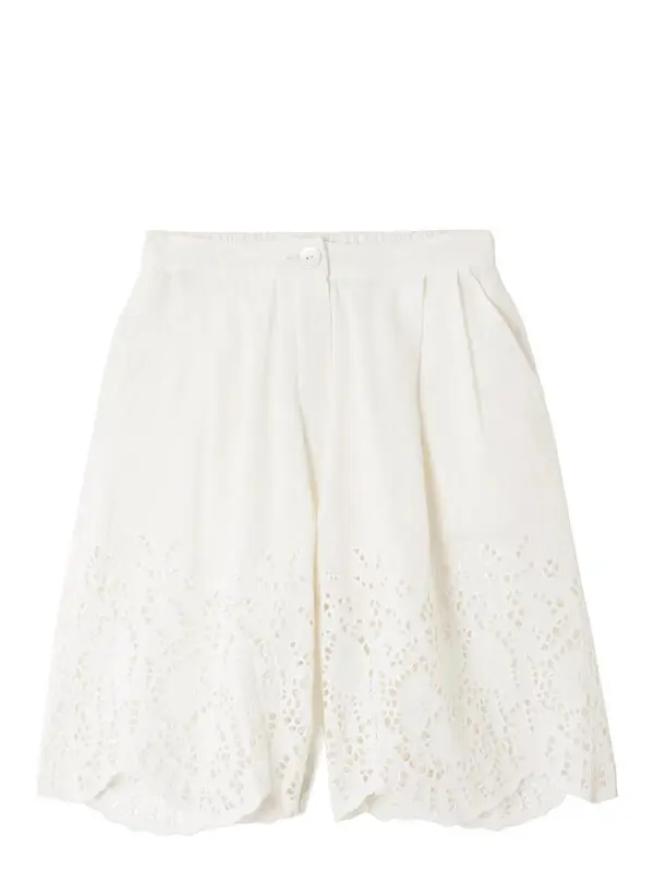 Thierry Colson Scalloped Pleated Broderie Anglaise Linen-blend Shorts - Off-white