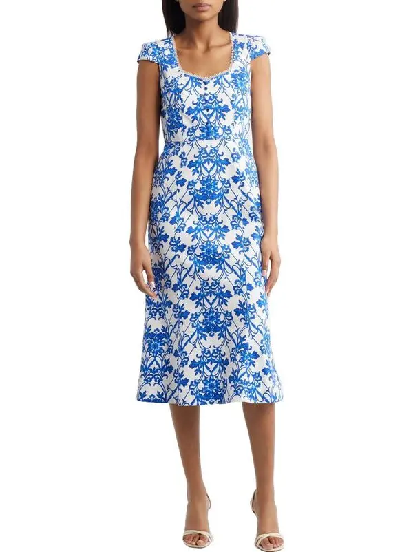 Anne Klein Floral Print Midi Dress - Palace Blue/ Pearl Whit