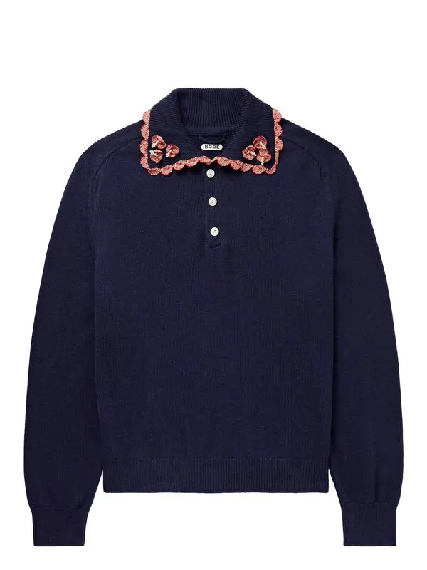 BODE Rookie Appliquéd Embellished Wool And Cashmere-blend Polo Shirt - Blue