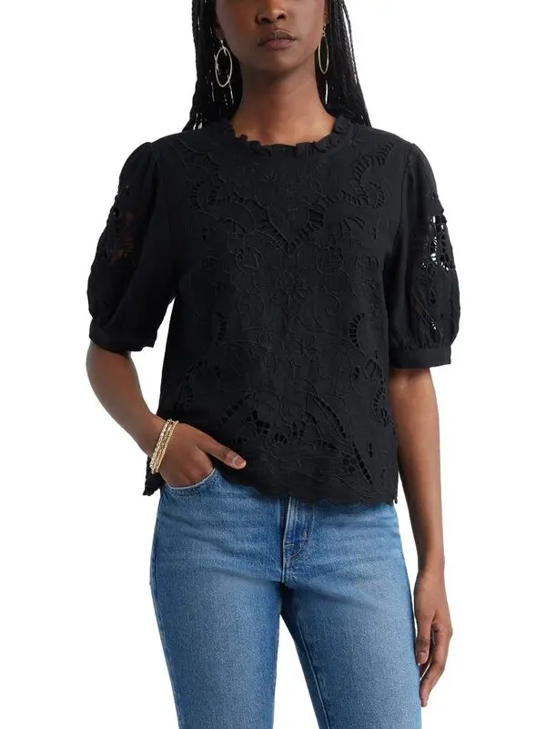 Treasure & Bond Embroidered Cutwork Puff Sleeve Top - Black