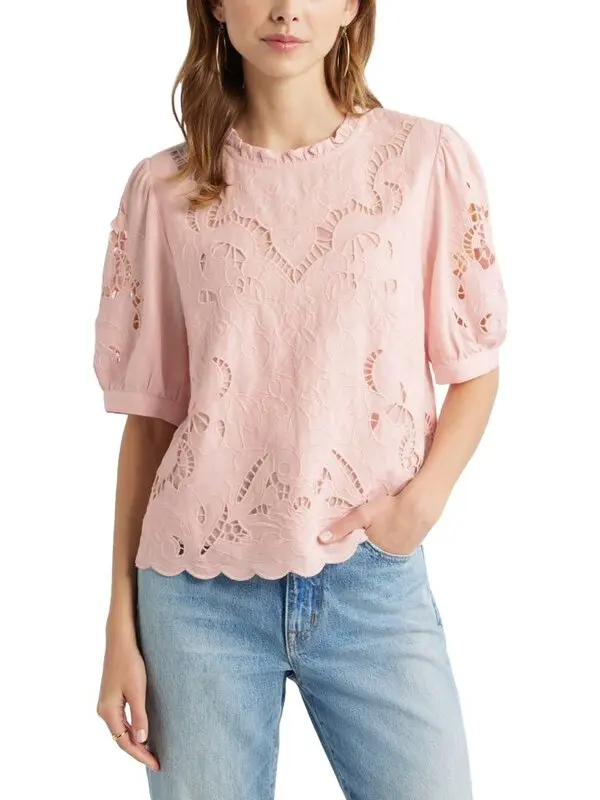 Treasure & Bond Embroidered Cutwork Puff Sleeve Top - Pink Lotus