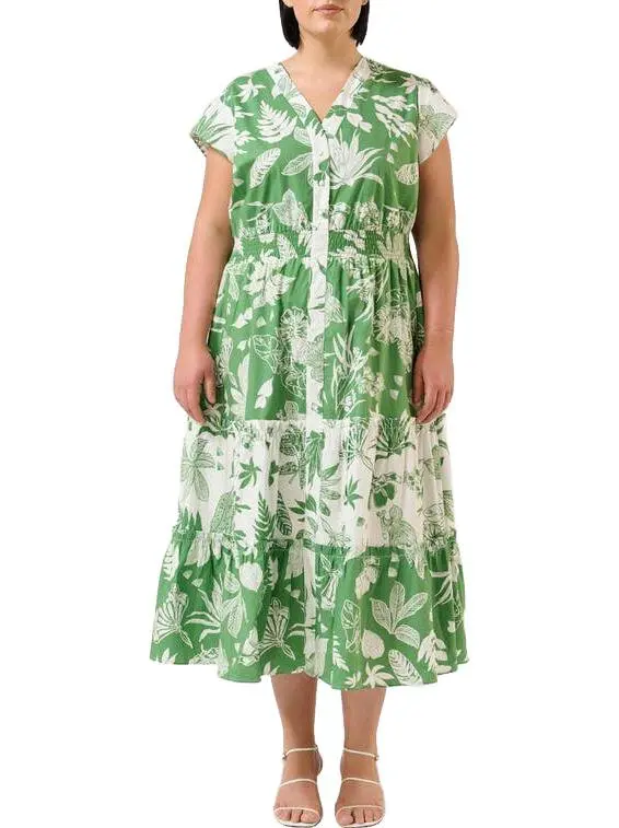 ESTELLE Amazonia Print Cotton Poplin Midi Shirtdress - Green Print