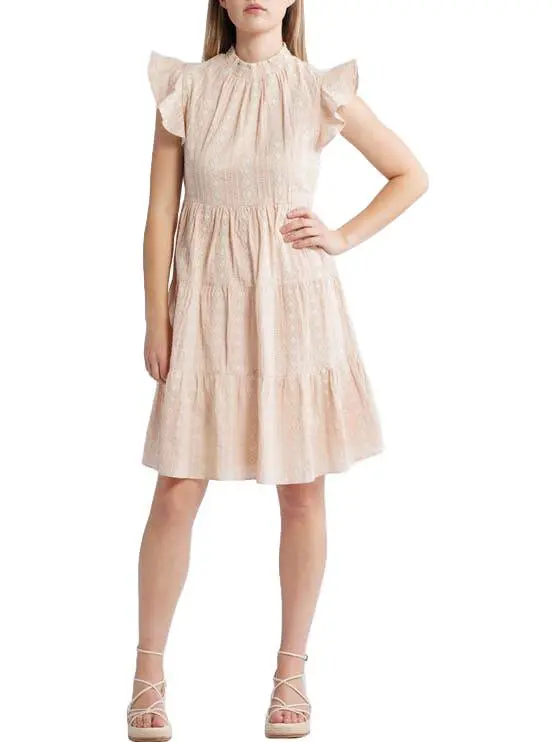 Julia Jordan Embroidered Ruffle Sleeve Cotton Dress - Beige Ivory
