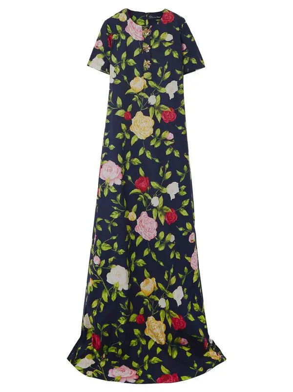 Oscar De La Renta Button-embellished Floral-print Gown - Blue