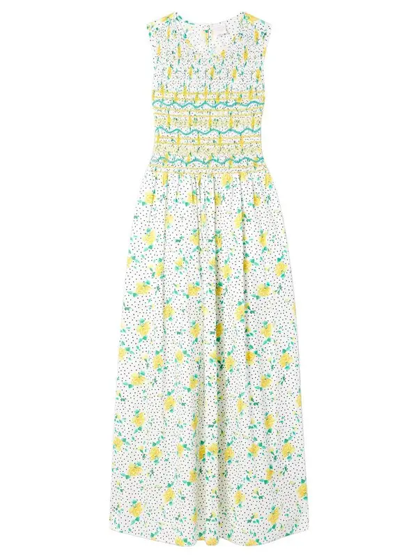 Loretta Caponi Gioia Smocked Printed Cotton-voile Midi Dress - White