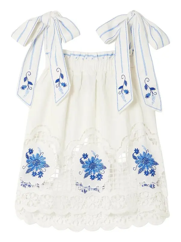 Farm Rio Daisy Embroidered Linen-blend Top - White