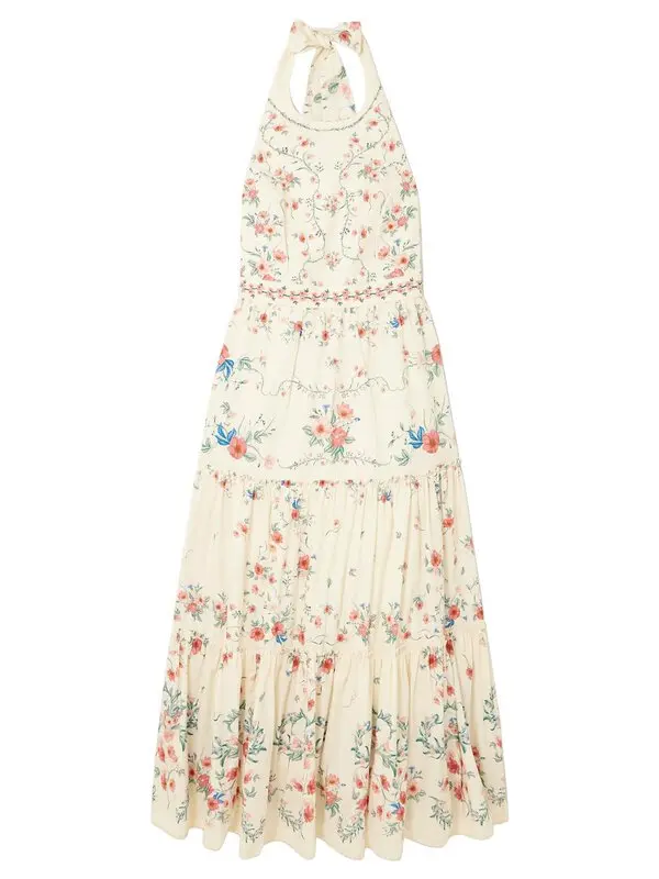 Agua Bendita Consuelo Mosqueta Embroidered Floral-print Cotton-poplin Midi Dress - White