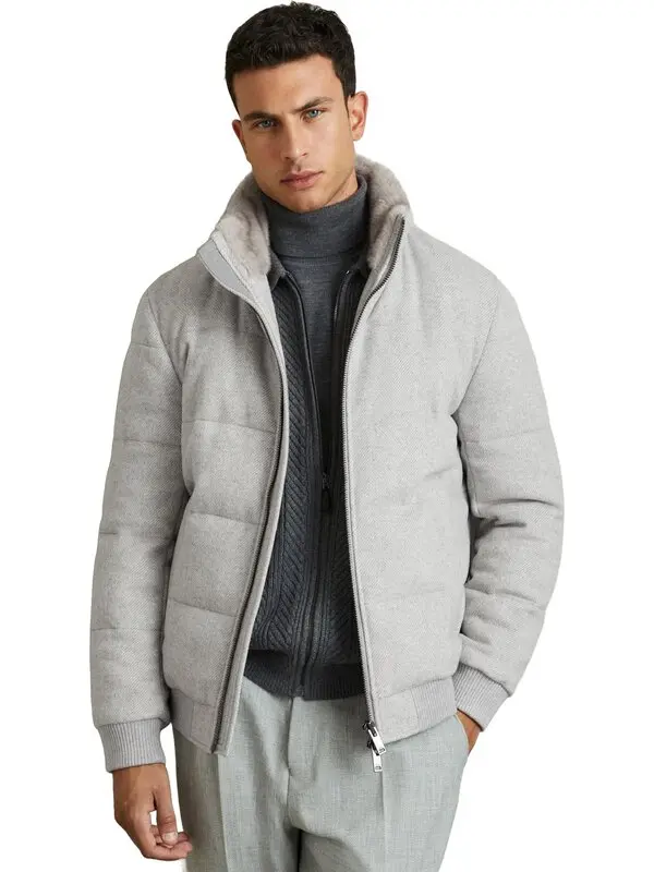 REISS Farid Quilted Wool-blend Herringbone Jacket - Soft Grey Melange