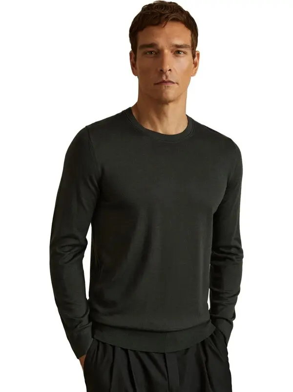 REISS Wessex Merino Wool Crew Neck Jumper - Dark Green