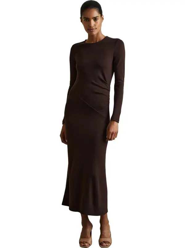 REISS Sloane Wool Midi Dress With Ruche Detailing - Berry