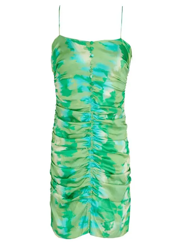 GANNI Ruched Printed Mini Dress - Green