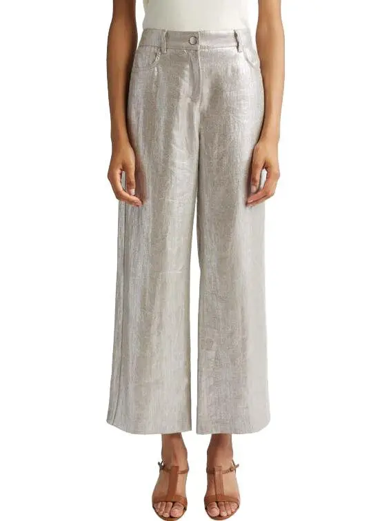 Max Mara Malika Metallic Coated Linen Wide Leg Pants - Silver