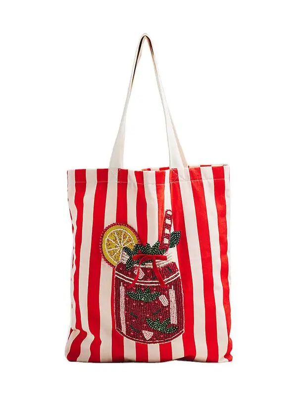 Anthropologie Printed Beaded Canvas Tote Bag - Bloody Mary