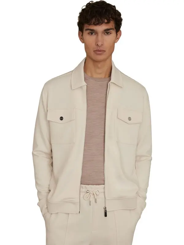 REISS Medina Interlock Zip-through Overshirt - Off White