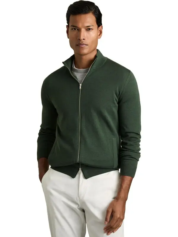 REISS Hampshire Merino Wool Cardigan - Dark Kale Green