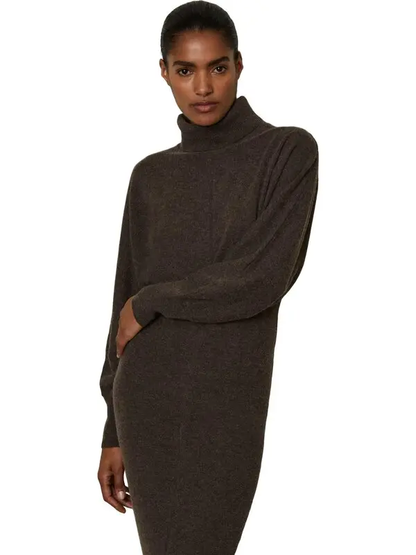 REISS Winslet Roll-neck Knitted Midi Dress With Cashmere - Chocolate