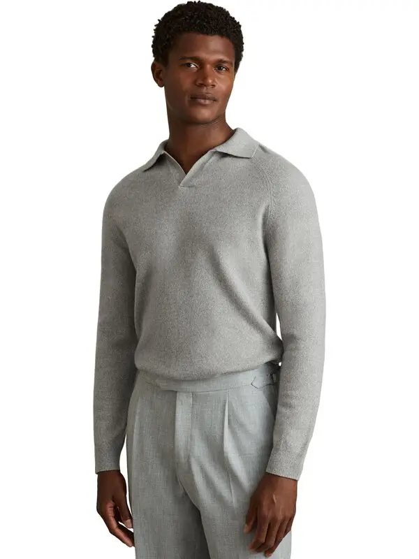 REISS Grange Wool-cashmere Open-collar Polo Shirt - Soft Grey Melange