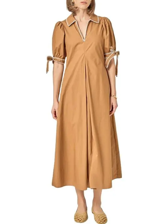 English Factory Contrast Stitch A-line Midi Dress - Brown