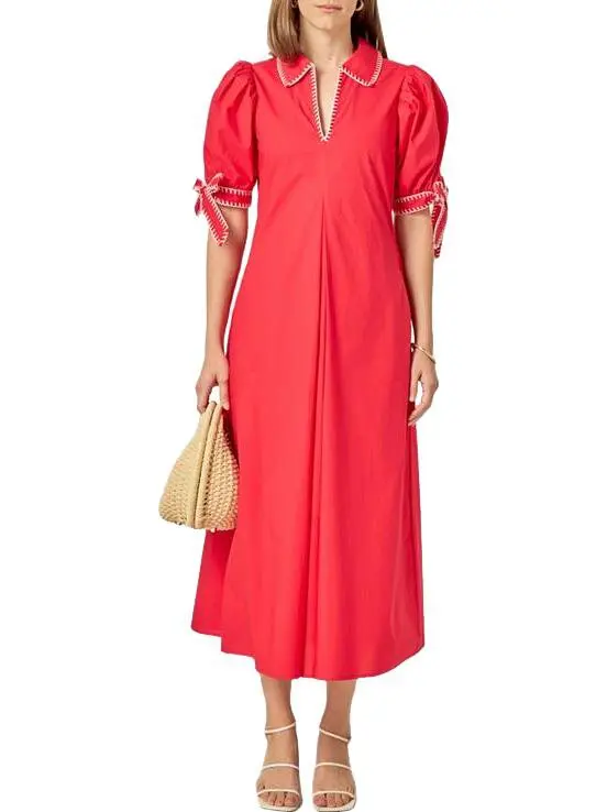 English Factory Contrast Stitch A-line Midi Dress - Red