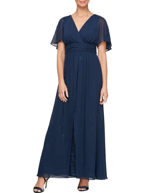 SL FASHIONS Beaded Flutter Sleeve A-line Gown - Navy