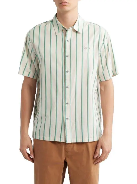 Brixton Cru Oxford Stripe Short Sleeve Cotton Blend Button-up Shirt - Beige/pine Needle/green