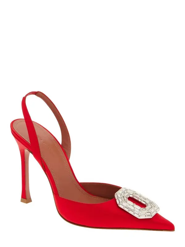 Amina Muaddi Camelia Crystal Buckle Slingback Pumps - Satin Red/ White Buckle