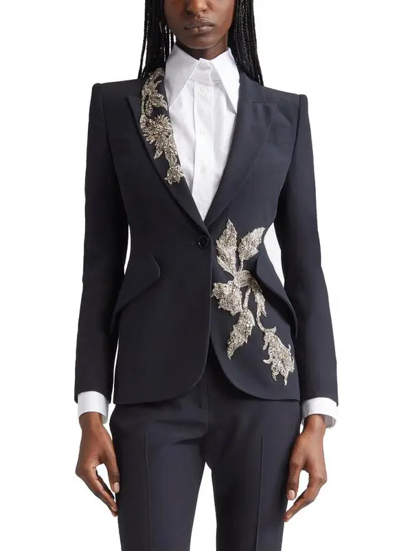 Alexander McQueen Banshee Embroidery Leaf Crepe Blazer - Black