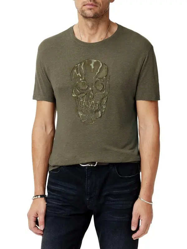 John Varvatos Chain Skull Appliqué Slub Linen Blend T-shirt - Olive Leaf