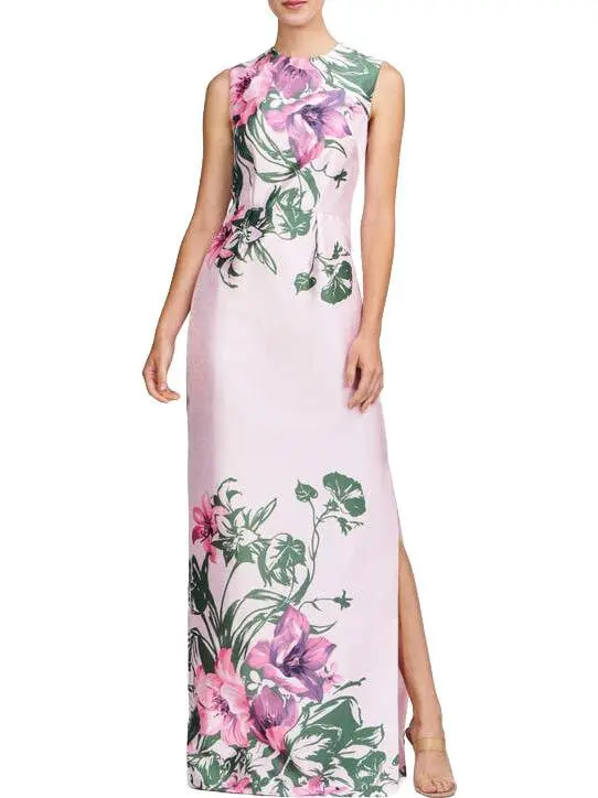 KAY UNGER Ayla Placement Print Column Gown - Pink Pearl Multi